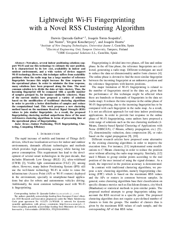 (PDF) Lightweight Wi-Fi Fingerprinting with a Novel RSS Clustering Algorithm | Joaquin Huerta ...