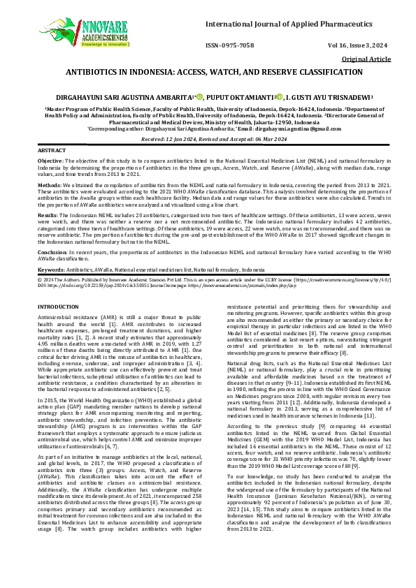 (PDF) ANTIBIOTICS IN INDONESIA: ACCESS, WATCH, AND RESERVE CLASSIFICATION