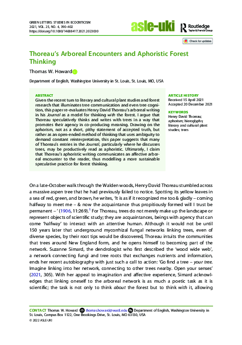 (PDF) Thoreau's Arboreal Encounters and Aphoristic Forest Thinking