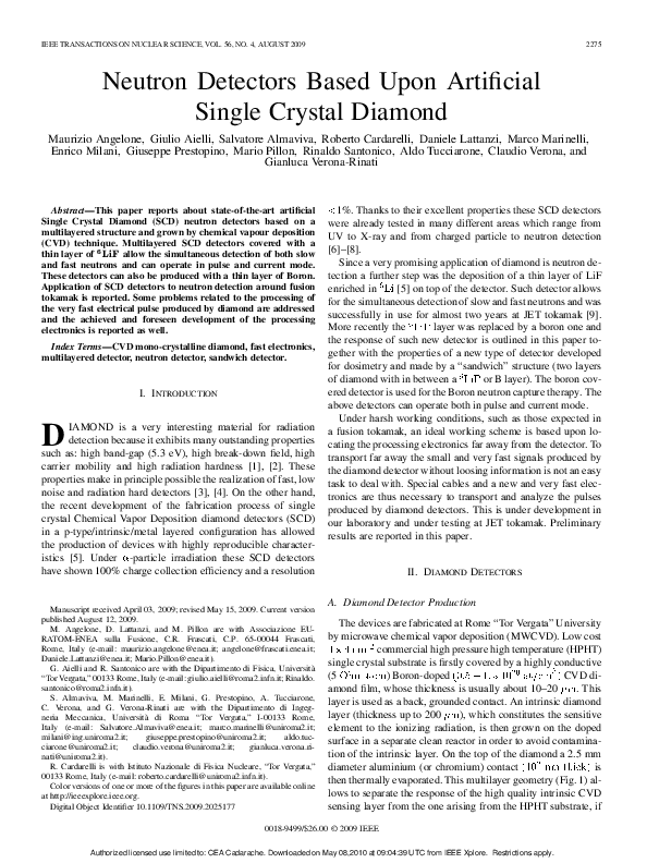 (PDF) Neutron Detectors Based Upon Artificial Single Crystal Diamond