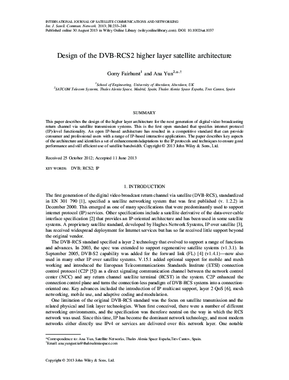 (PDF) Design of the DVB-RCS2 Higher Layer Satellite Architecture