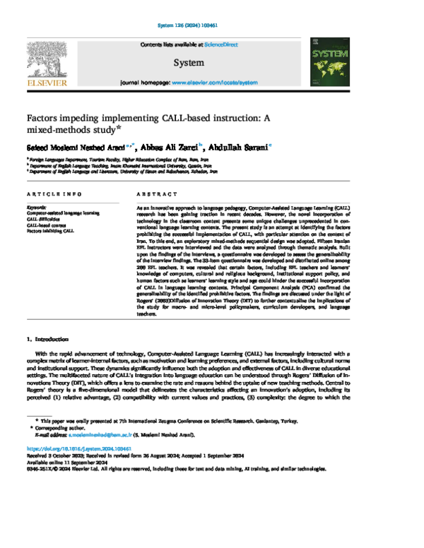 (PDF) Factors impeding implementing CALL based instruction A mixed methods study