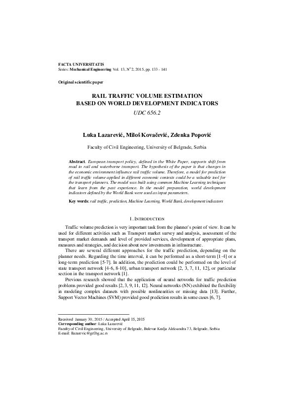 Pdf Traffic Volume Estimation Based On World Development Indicators