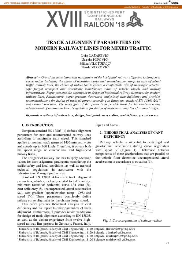 (PDF) Track alignment parameters on modern railway lines for mixed traffic