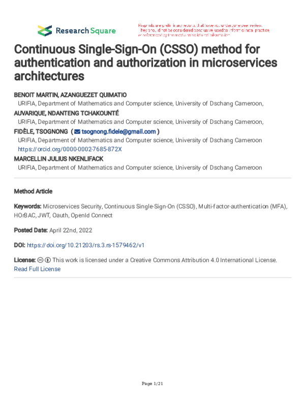 (PDF) Continuous Single-Sign-On (CSSO) method for authentication and authorization in ...