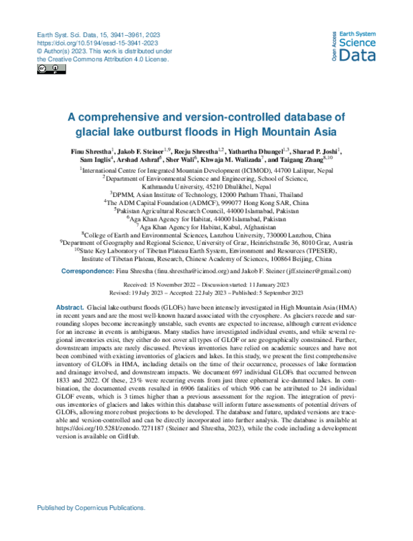 Pdf A Comprehensive And Version Controlled Database Of Glacial Lake Outburst Floods In High