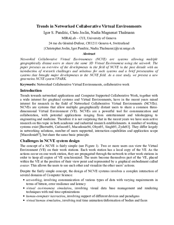 (PDF) Trends in networked collaborative virtual environments | Nadia Thalmann - Academia.edu