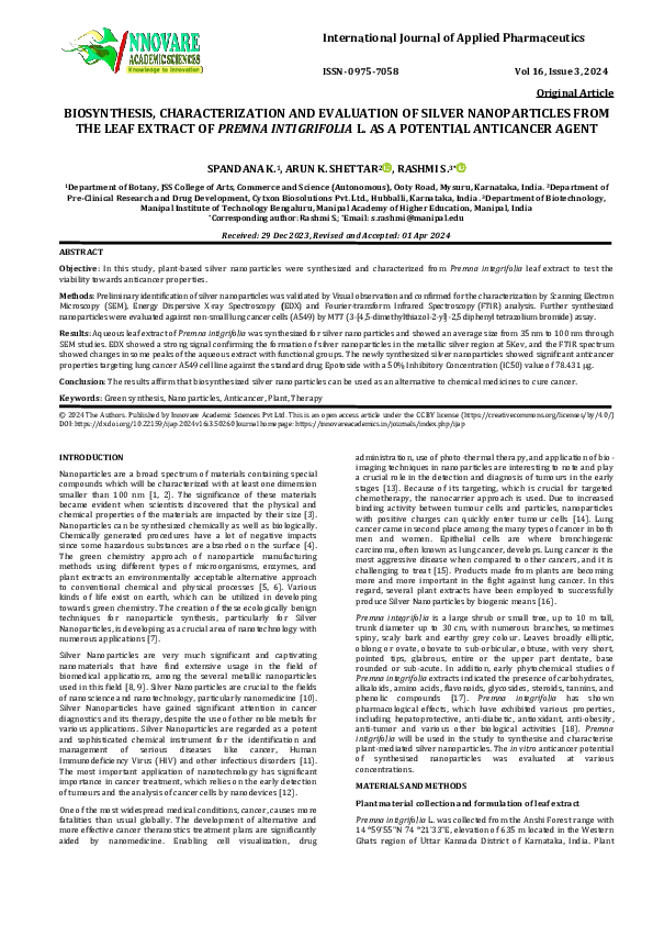 (PDF) BIOSYNTHESIS, CHARACTERIZATION AND EVALUATION OF SILVER NANOPARTICLES FROM THE LEAF ...