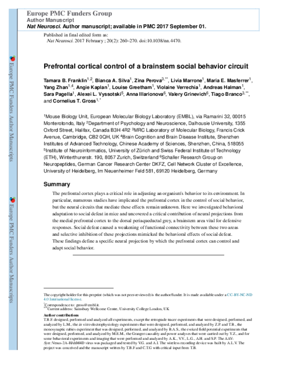 (PDF) Prefrontal cortical control of a brainstem social behavior ... (PDF) Prefrontal cortical control of a brainstem social behavior ...