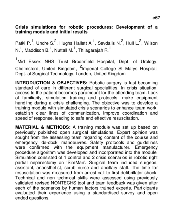 (PDF) 67 Crisis simulations for robotic procedures: Development of a training module and initial ...