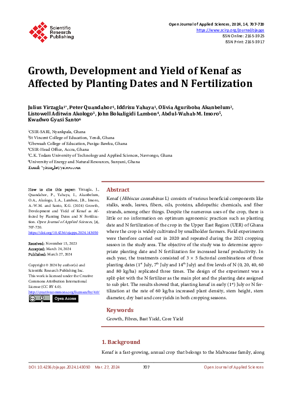 (PDF) Growth, Development and Yield of Kenaf as Affected by Planting ...