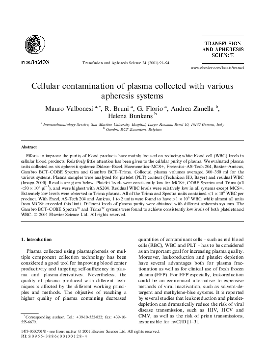 (PDF) Cellular contamination of plasma collected with various apheresis ...