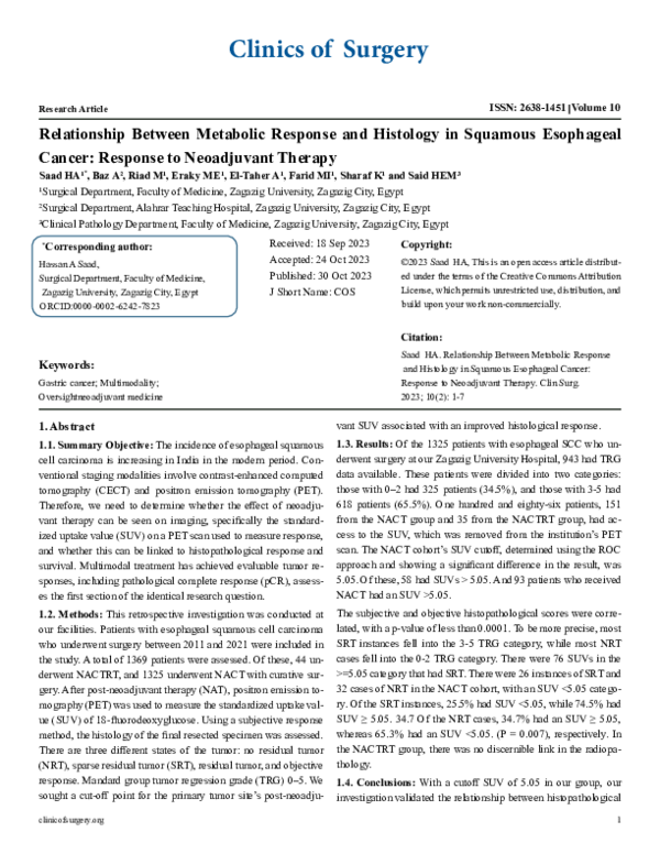 (PDF) Relationship Between Metabolic Response and Histology in Squamous Esophageal Cancer ...