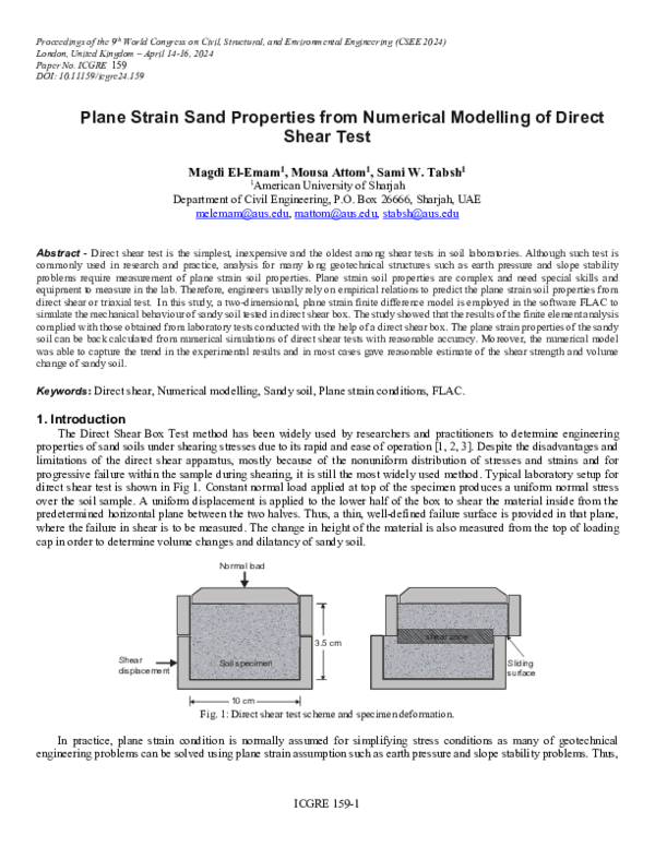 (PDF) Plane Strain Sand Properties from Numerical Modelling of Direct ...