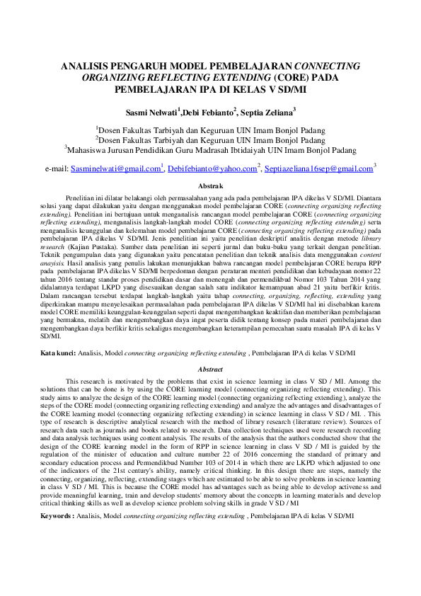 (PDF) Analisis Pengaruh Model Pembelajaran Connecting Organizing Reflecting Extending (Core ...