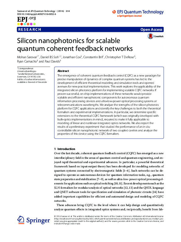 (PDF) Silicon nanophotonics for scalable quantum coherent feedback networks
