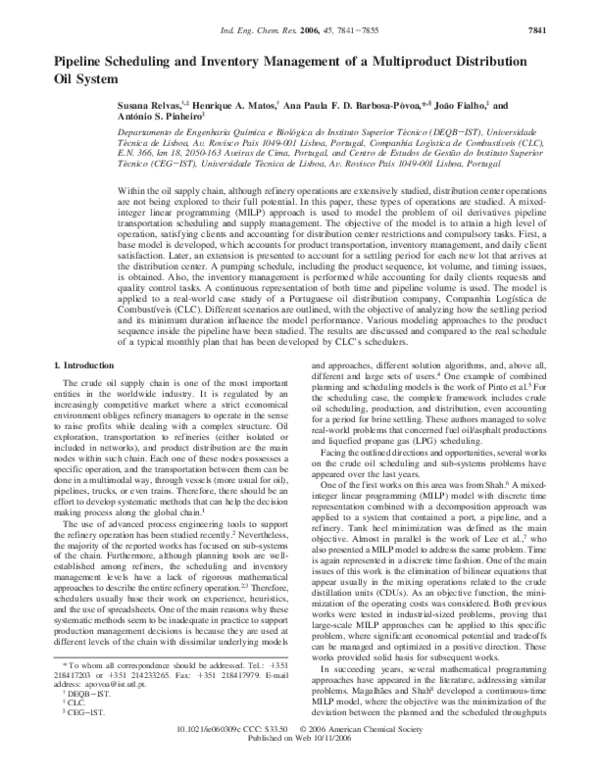 (PDF) Pipeline Scheduling and Inventory Management of a Multiproduct Distribution Oil System