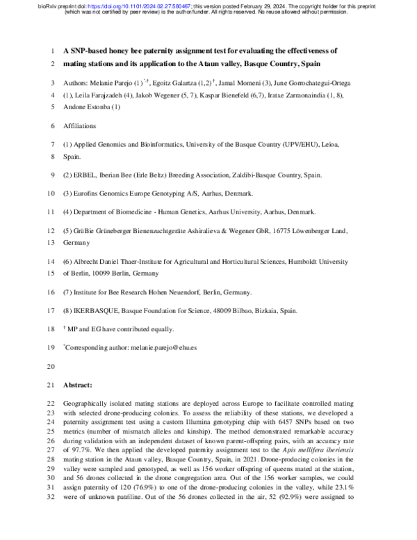 (PDF) A SNP-based honey bee paternity assignment test for evaluating ...