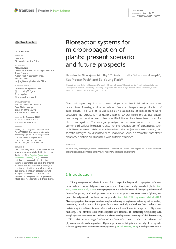 (PDF) Bioreactor systems for micropropagation of plants: present scenario and future prospects