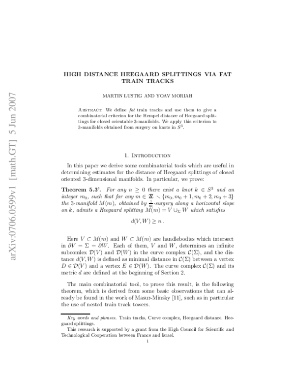 (PDF) High distance Heegaard splittings via fat train tracks