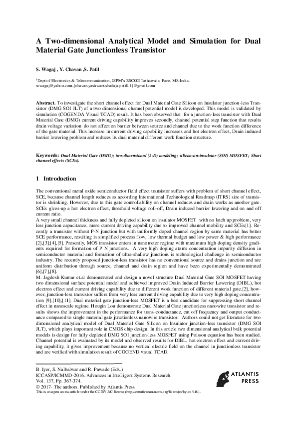 (PDF) A Two-dimensional Analytical Model and Simulation for Dual Material Gate Junctionless ...