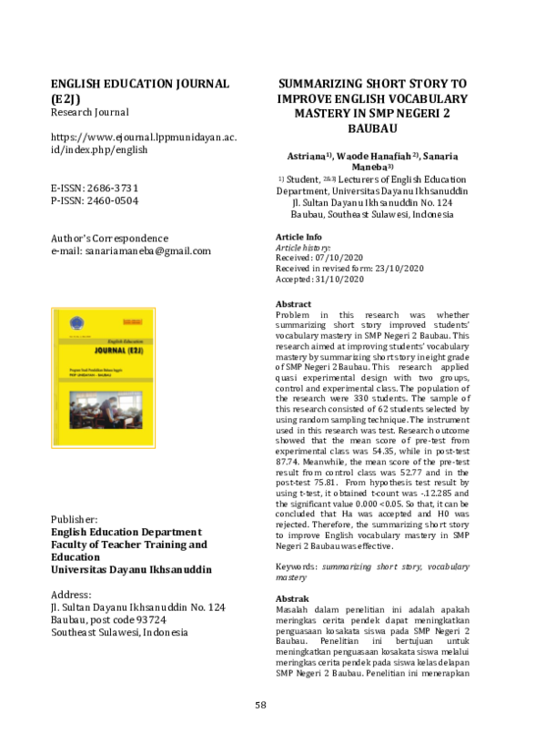 (PDF) Summarizing Short Story to Improve English Vocabulary Mastery in ...