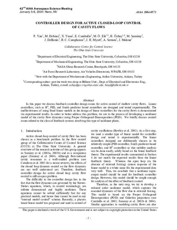 (PDF) Controller Design for Active Closed-Loop Control of Cavity Flows
