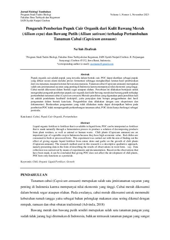(PDF) Pengaruh Pemberian Pupuk Cair Organik dari Kulit Bawang Merah (Allium cepa) dan Bawang ...