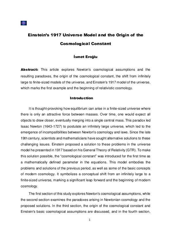 (PDF) Einstein’s 1917 Universe Model and the Origin of the Cosmological Constant