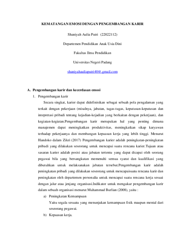 (PDF) KEMATANGAN EMOSI DENGAN PENGEMBANGAN KARIR | Shaniyah Aulia putri - Academia.edu