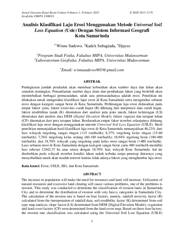 (PDF) Analisis Klasifikasi Laju Erosi Menggunakan Metode Universal Soil Loss Equation (Usle ...