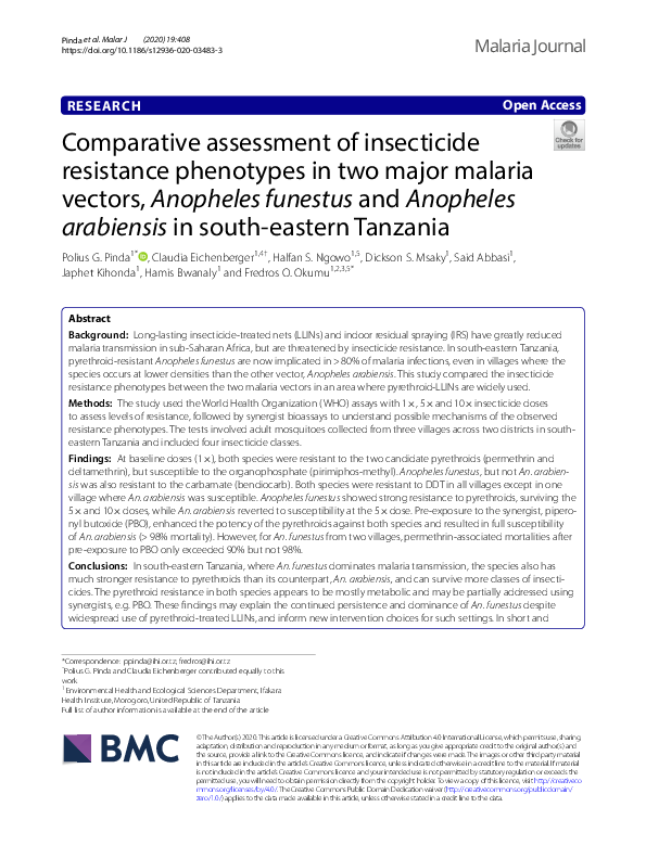 (PDF) Comparative assessment of insecticide resistance phenotypes in two major malaria vectors ...