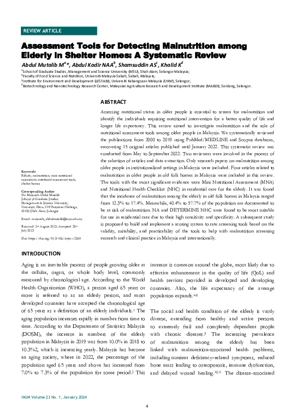 (PDF) Assessment Tools for Detecting Malnutrition among Elderly in Shelter Homes: A Systematic ...