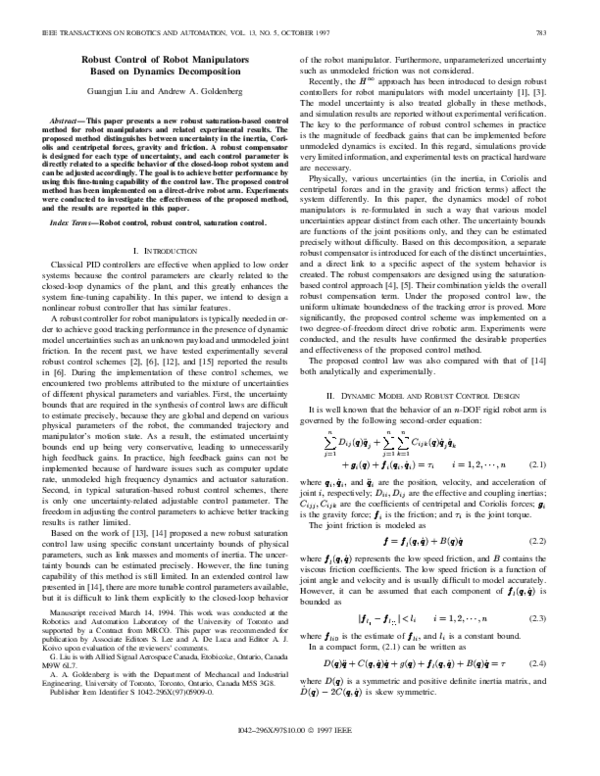 Pdf Robust Control Of Robot Manipulators Based On Dynamics