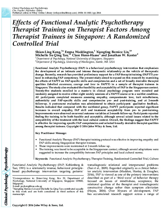 (PDF) Effects of Functional Analytic Psychotherapy Therapist Training ...