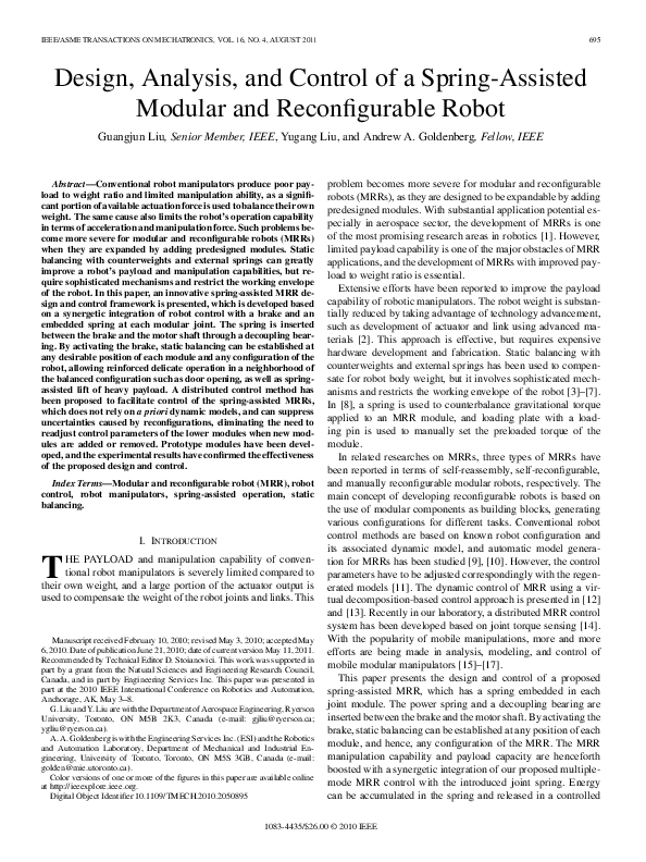 (PDF) Design, Analysis, and Control of a Spring-Assisted Modular and Reconfigurable Robot