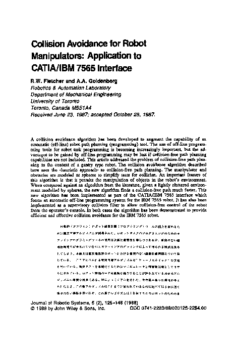 (PDF) Collision avoidance for Robot manipulators: Application to Catia/IBM 7565 interface