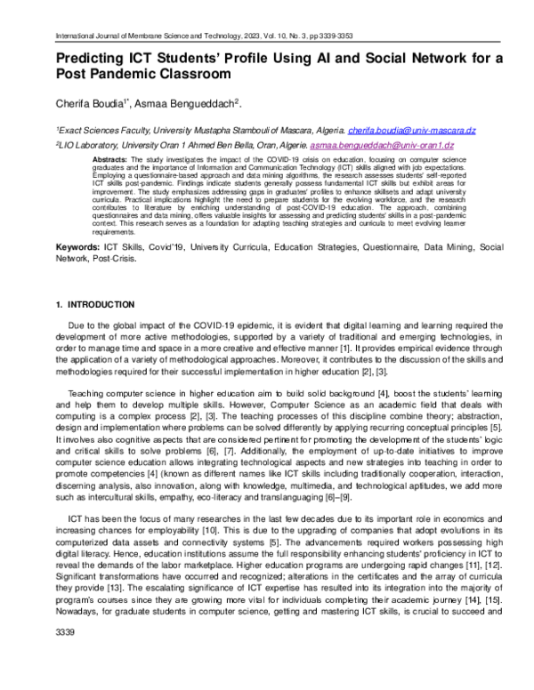 (PDF) Predicting ICT Students’ Profile Using AI and Social Network for a Post Pandemic Classroom