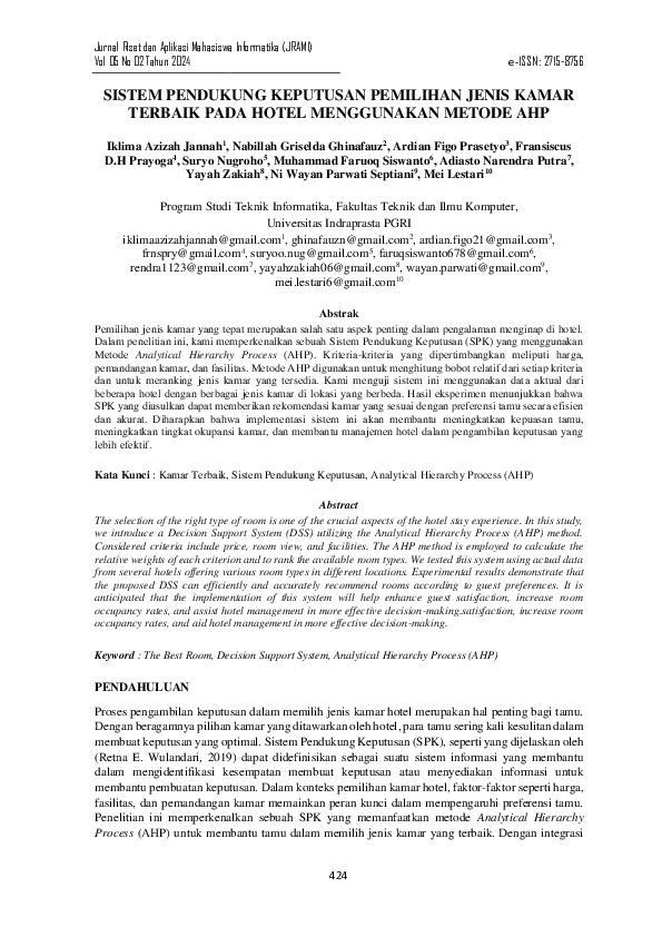 (PDF) Sistem Pendukung Keputusan Pemilihan Jenis Kamar Terbaik Pada Hotel Menggunakan Metode Ahp