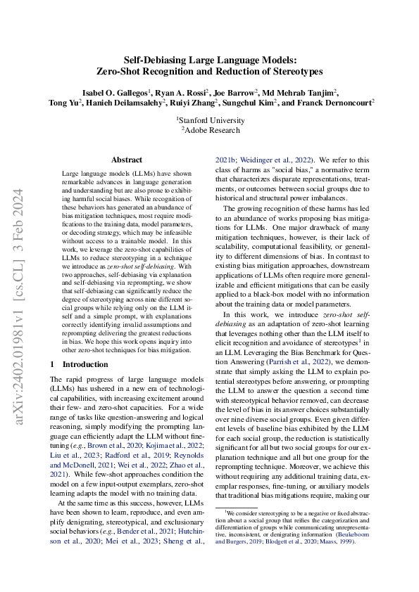 (PDF) Self-Debiasing Large Language Models: Zero-Shot Recognition and Reduction of Stereotypes