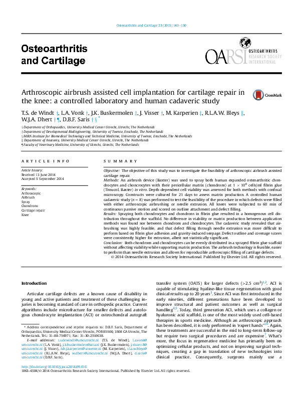 (PDF) Arthroscopic airbrush assisted cell implantation for cartilage ...