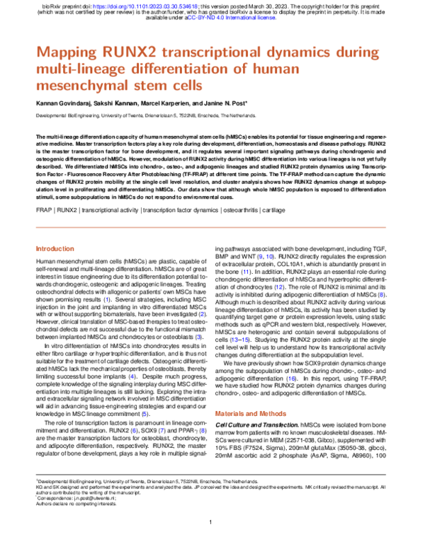 (PDF) Mapping RUNX2 transcriptional dynamics during multi-lineage differentiation of human ...