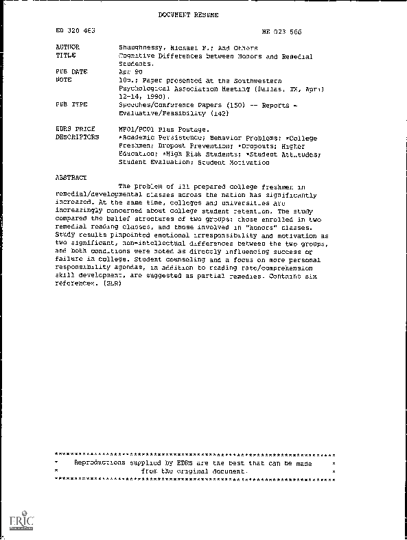 (PDF) Cognitive Differences between Honors and Remedial Students