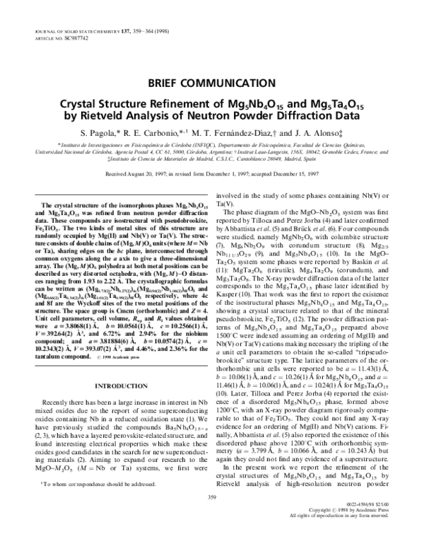 (PDF) Crystal Structure Refinement of Mg5Nb4O15and Mg5Ta4O15by Rietveld ...