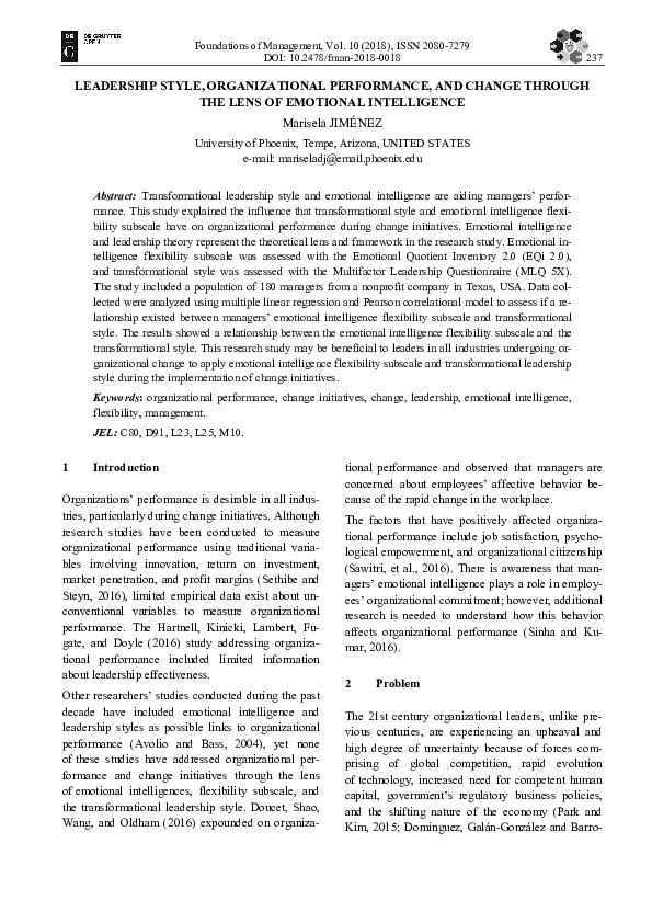 (PDF) Leadership Style, Organizational Performance, and Change Through the Lens of Emotional ...