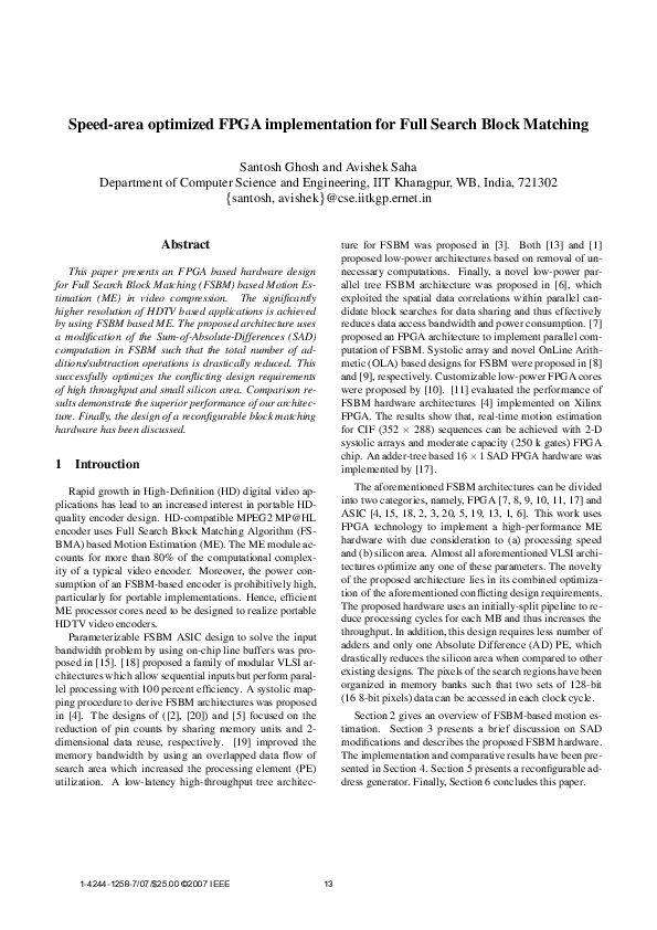 Pdf Speed Area Optimized Fpga Implementation For Full Search Block Matching Santosh Ghosh