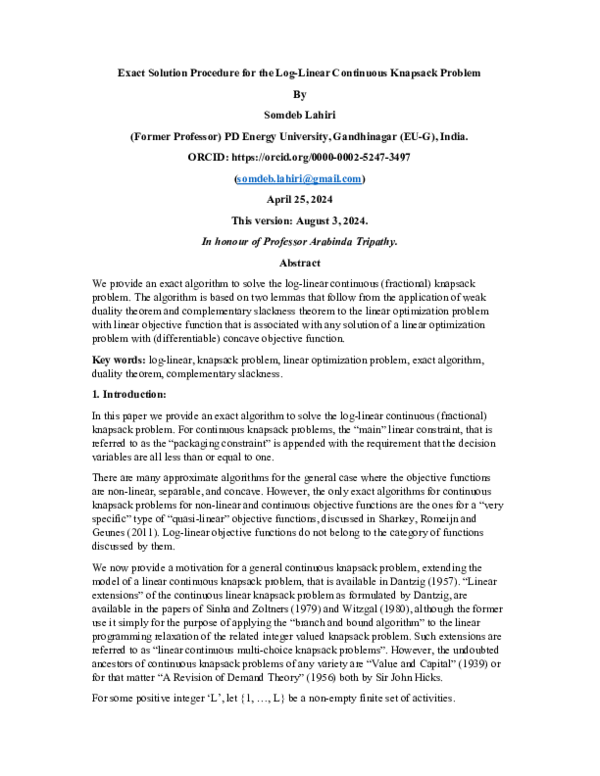 (PDF) Exact Solution Procedure for the Log-Linear Continuous Knapsack Problem