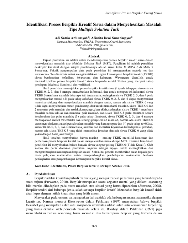(PDF) Identifikasi Proses Berpikir Kreatif Siswa dalam Menyelesaikan Masalah Tipe Multiple ...