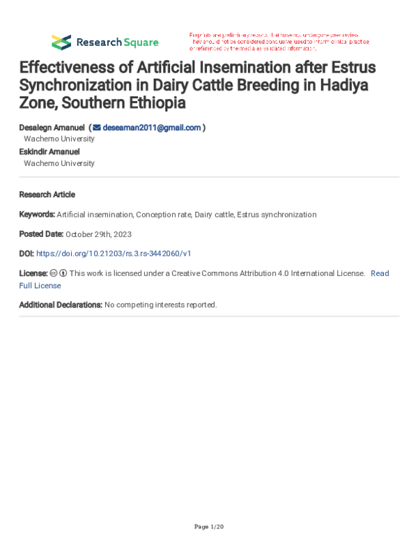 (PDF) Effectiveness of Artificial Insemination after Estrus Synchronization in Dairy Cattle ...