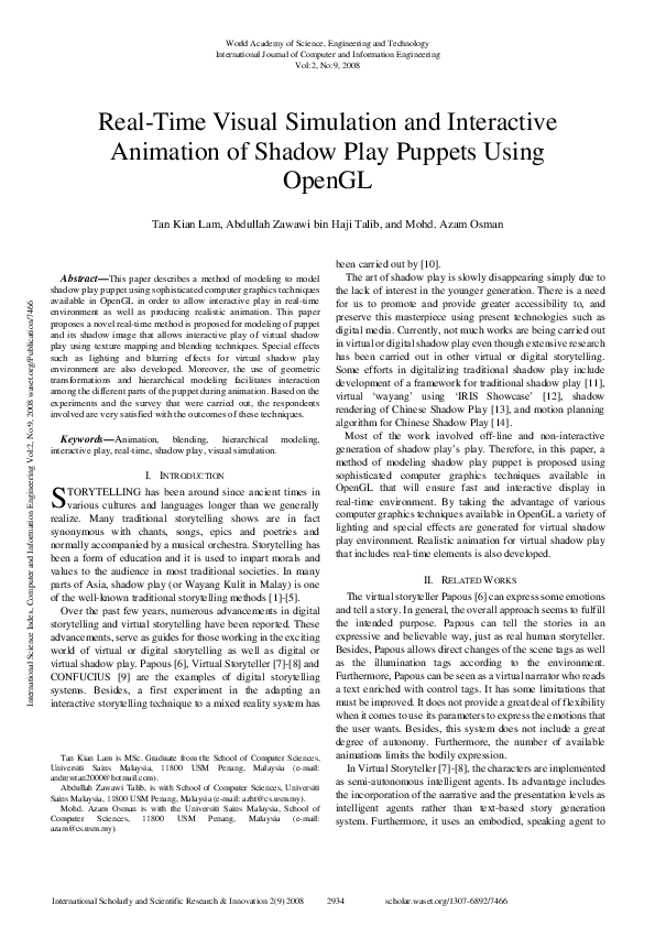 (PDF) Real-Time Visual Simulation and Interactive Animation of Shadow Play Puppets Using OpenGL